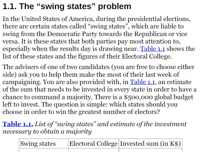Solved 1.1. The "swing states" problem In the United States | Chegg.com