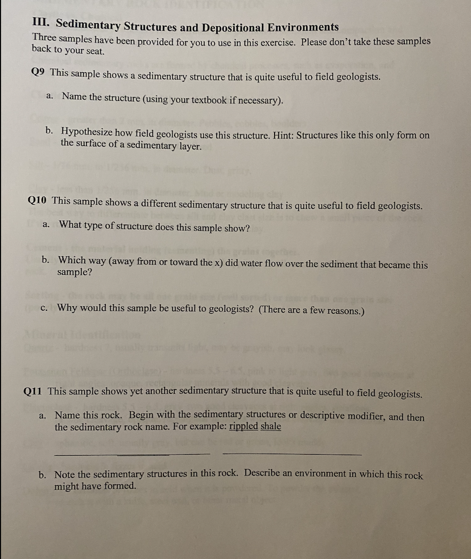 Solved III. Sedimentary Structures and Depositional | Chegg.com