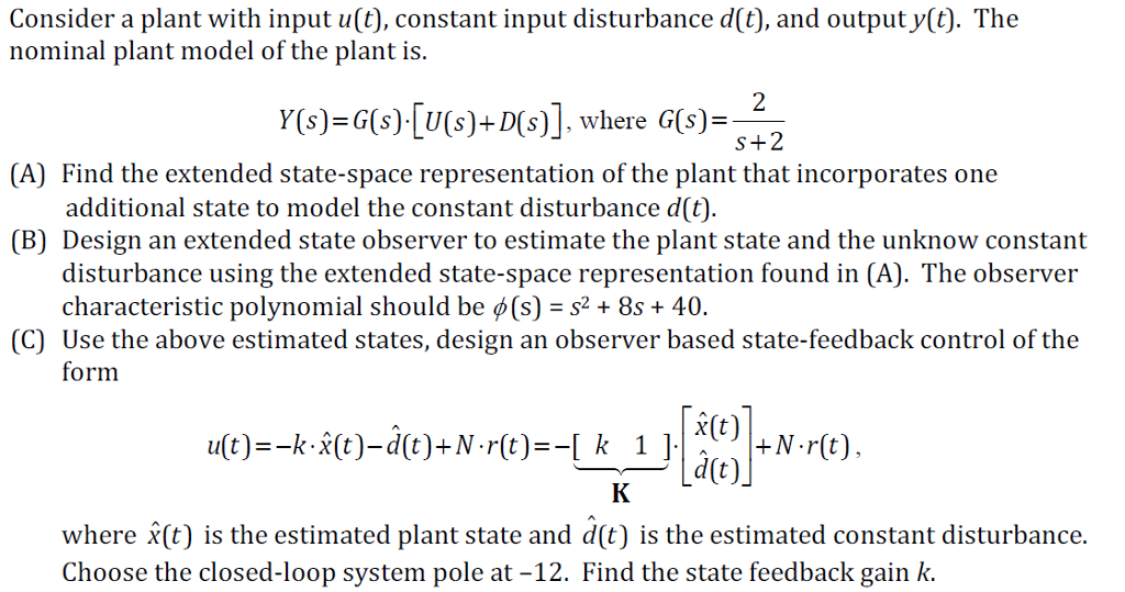 Consider a plant with input u(t), constant input | Chegg.com