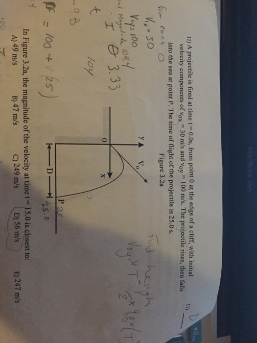 Solved 11) A projectile is fired at time t-0.0s, from point | Chegg.com