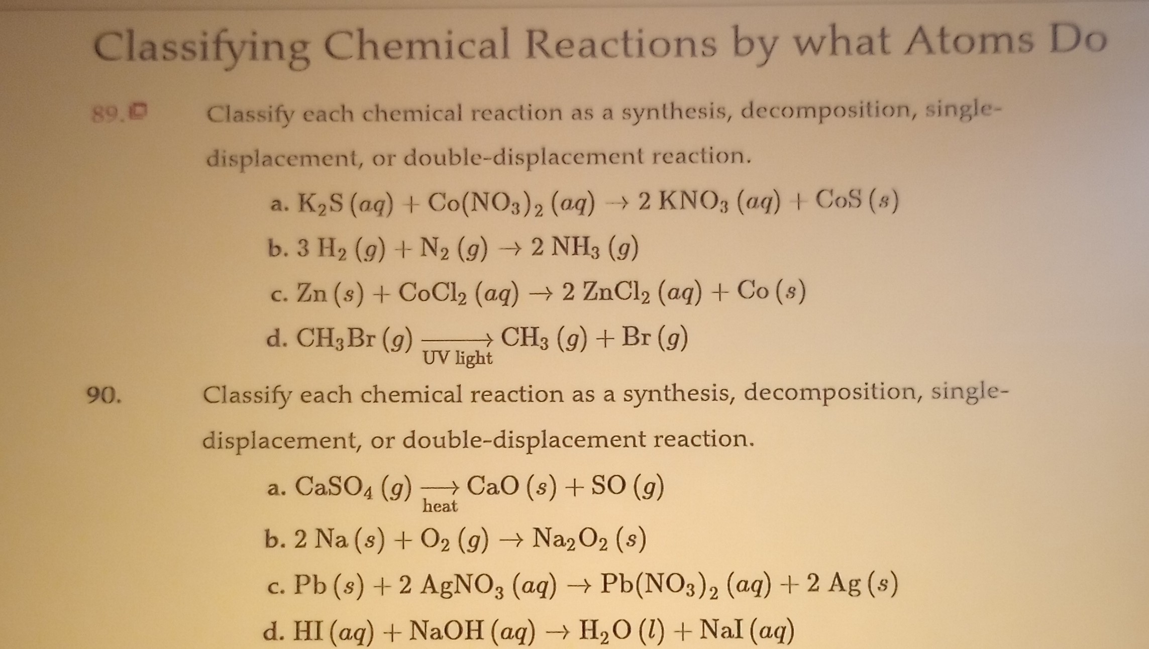 Solved Classifying Chemical Reactions by what Atoms Do 89.0 | Chegg.com