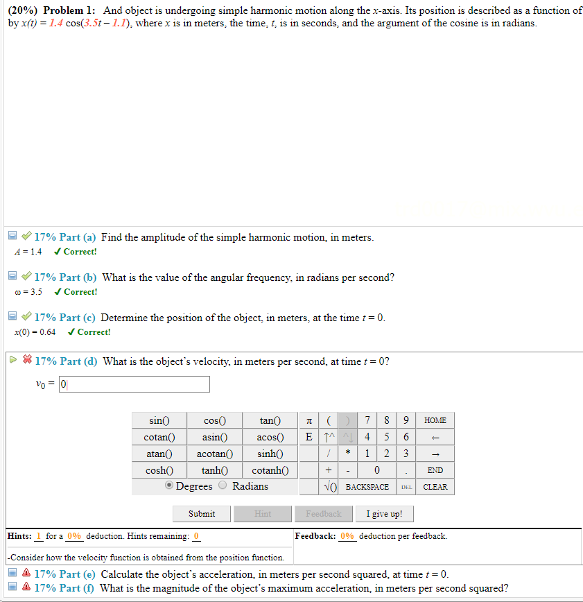 Solved (20%) Problem l: And object is undergoing simple | Chegg.com