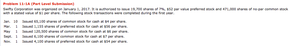 Solved Problem 11-1A (Part Level Submission) Swifty | Chegg.com