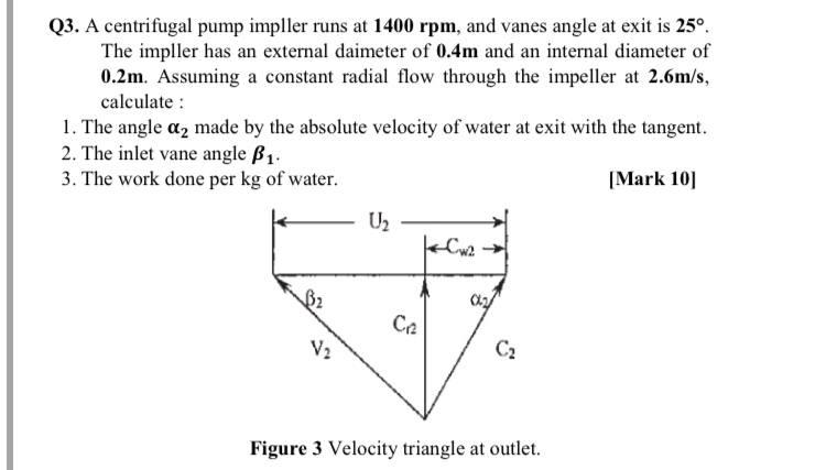 Solved Q3. A centrifugal pump impller runs at 1400 rpm, and | Chegg.com