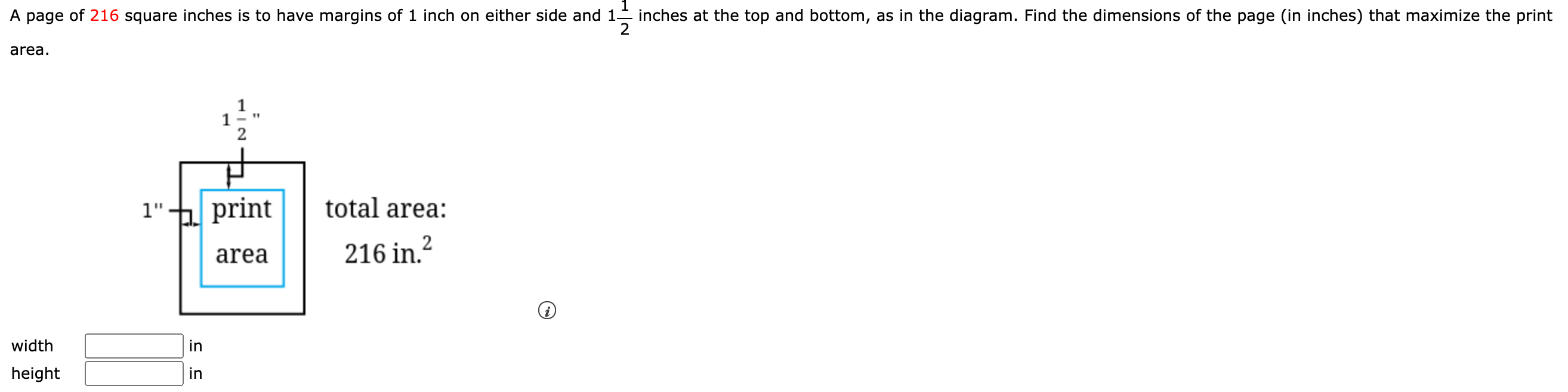 Solved A page of 216 square inches is to have margins of 1 | Chegg.com