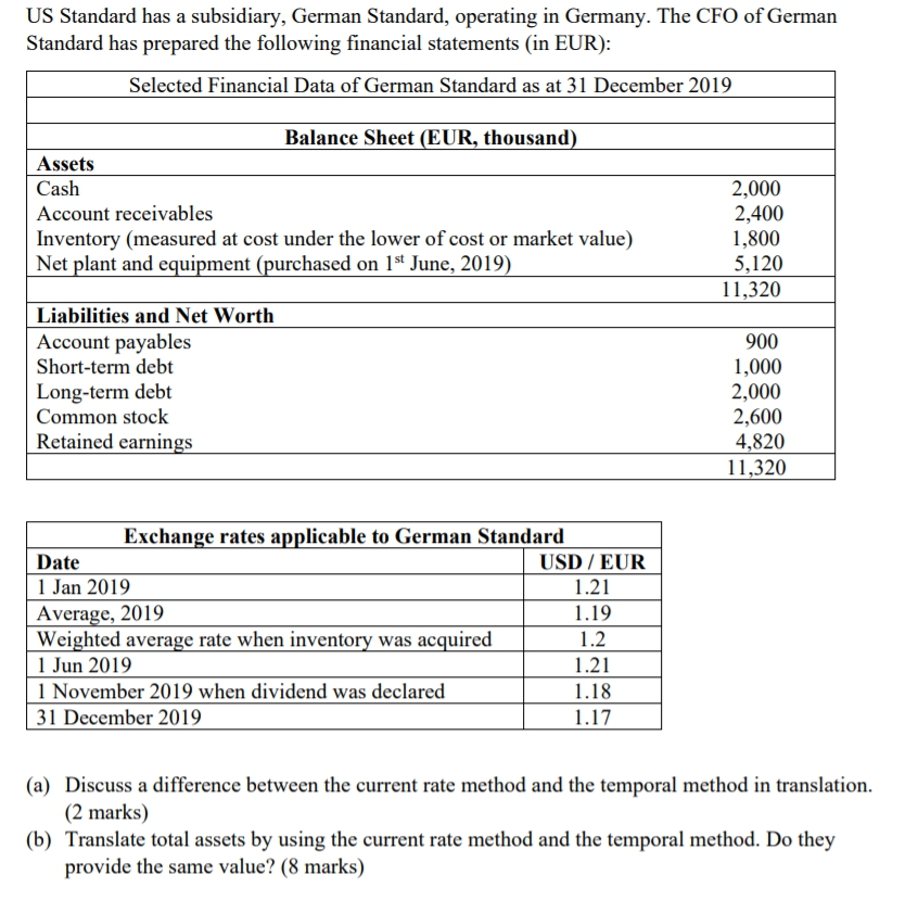 US Standard has a subsidiary, German Standard, | Chegg.com