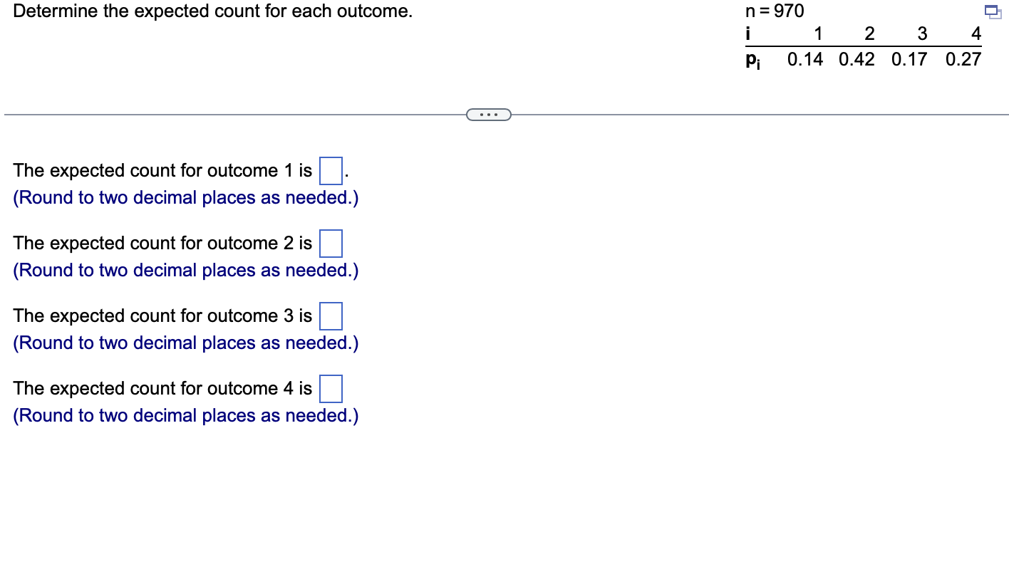 Solved Determine the expected count for each outcome. n=970 | Chegg.com