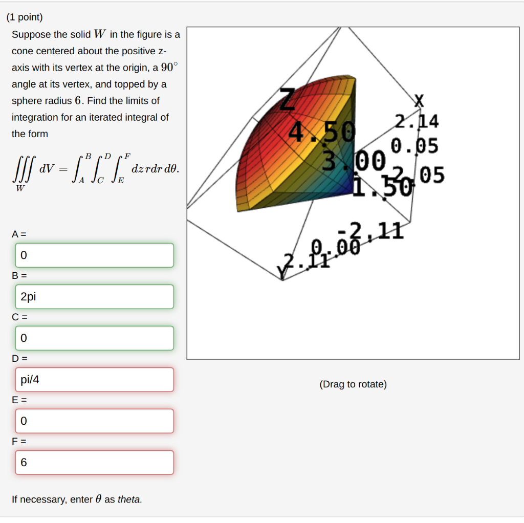 Solved (1 point) Suppose the solid W in the figure is a cone | Chegg.com