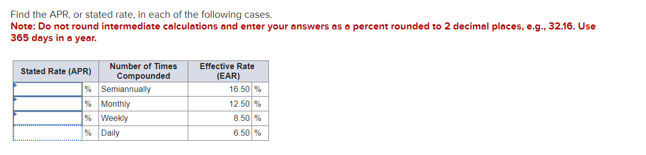 Solved Find the APR, or stated rate, in each of the | Chegg.com