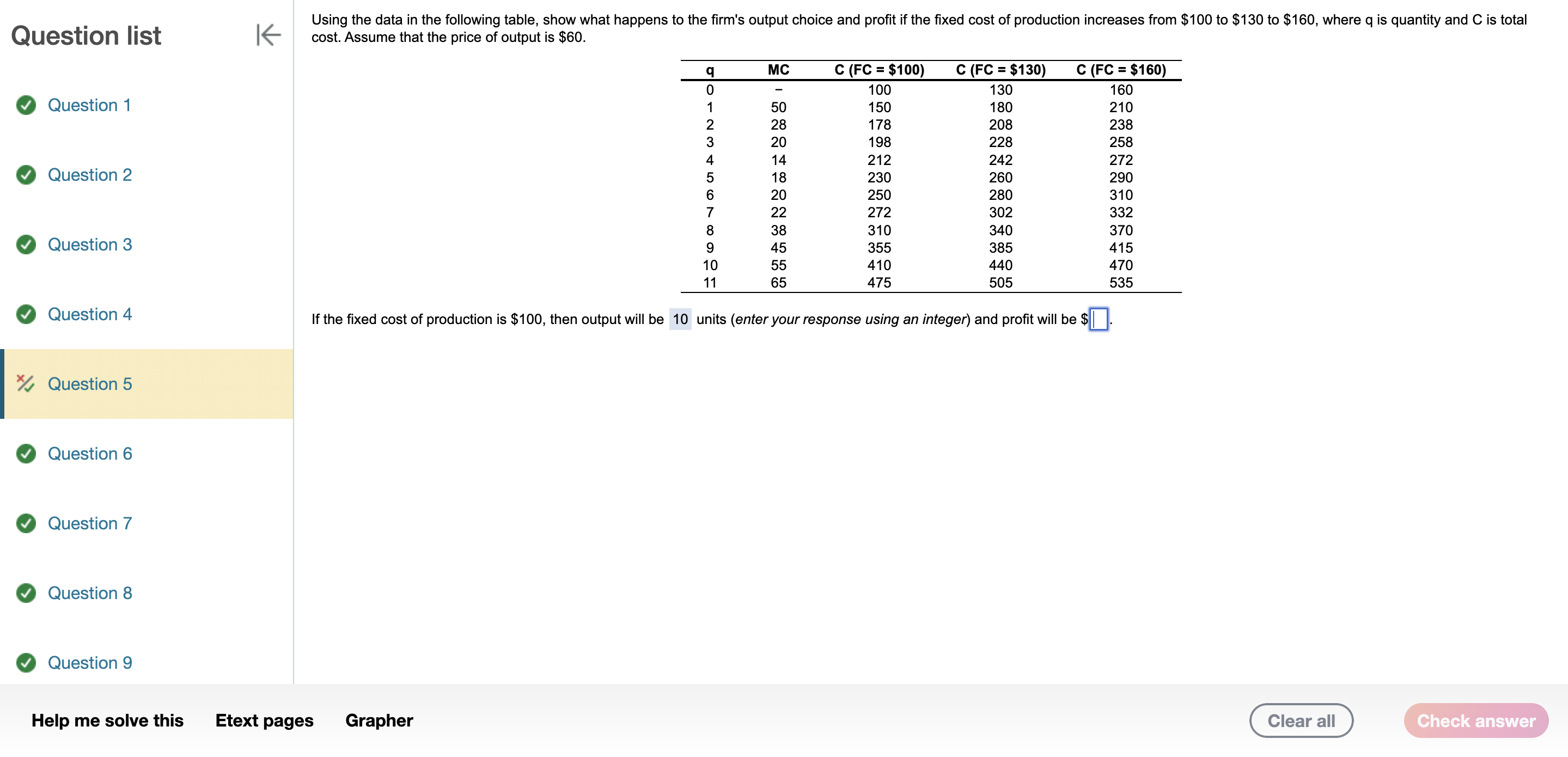 Solved If the fixed cost of production is $100, then output | Chegg.com