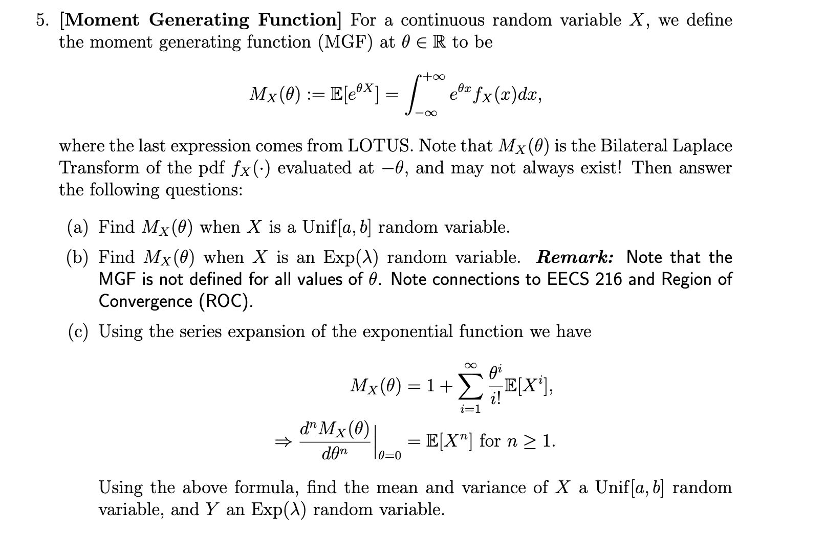 Solved [Moment Generating Function] ﻿For a continuous random | Chegg.com