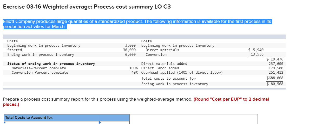 Solved Exercise 03-16 Weighted average: Process cost summary | Chegg.com