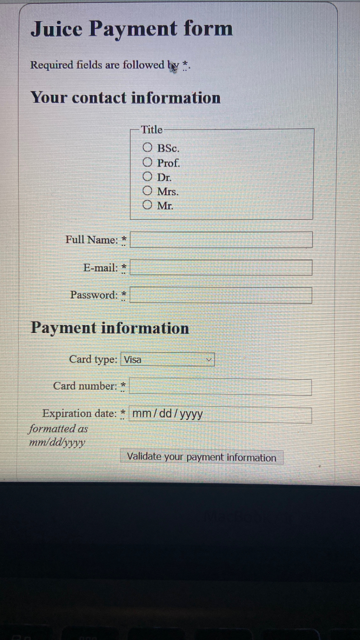 Solved Juice Payment form Required fields are followed by * | Chegg.com
