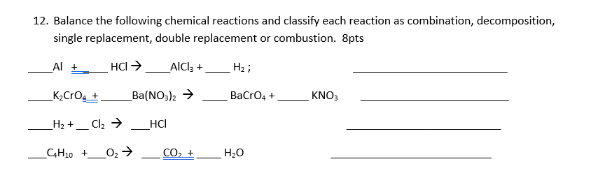 Solved 12. Balance the following chemical reactions and | Chegg.com