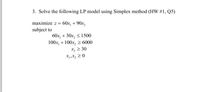 Solved Solve The Following Lp Model Using Simplex Method Hw 