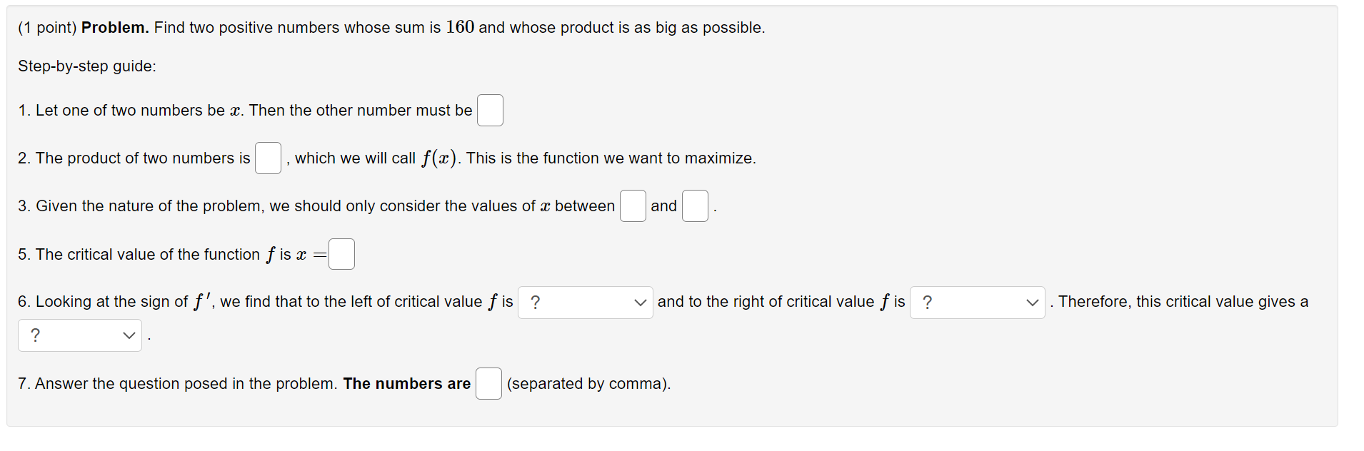 Solved (1 point) Problem. Find two positive numbers whose | Chegg.com