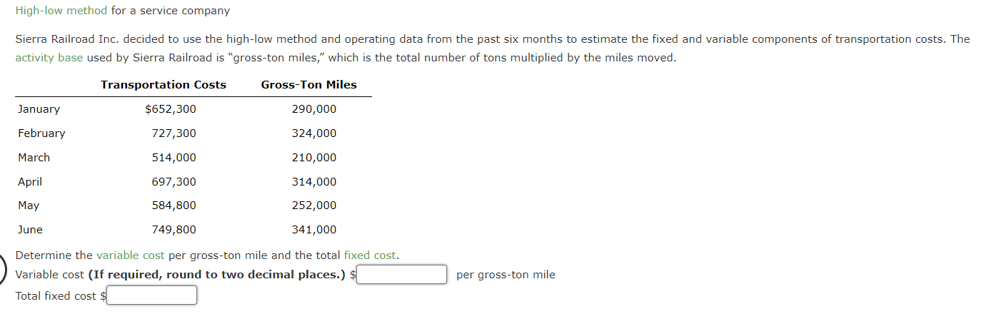 Solved Sierra Railroad Inc. decided to use the high-low | Chegg.com