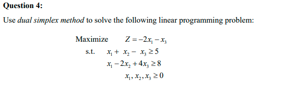 Solved Question 4: Use dual simplex method to solve the | Chegg.com