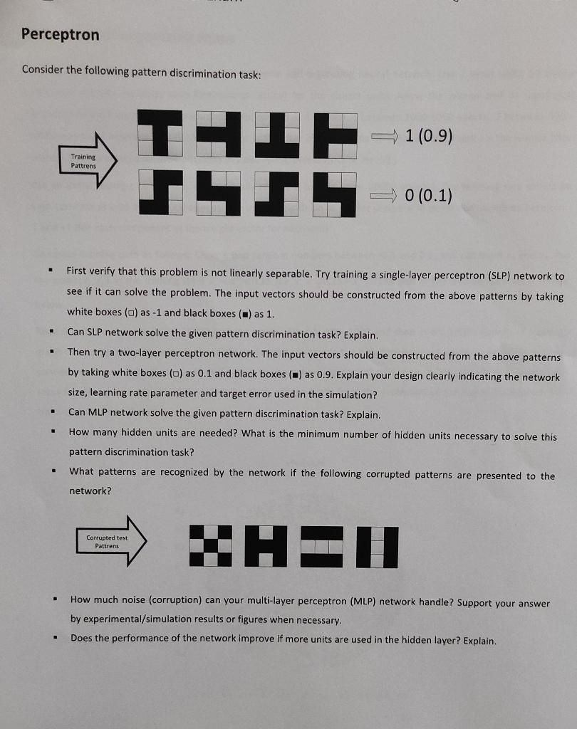 Solved Perceptron Consider the following pattern | Chegg.com