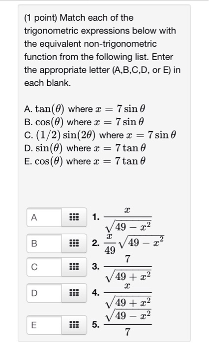 Solved 1 Point Match Each Of The Trigonometric Expressions