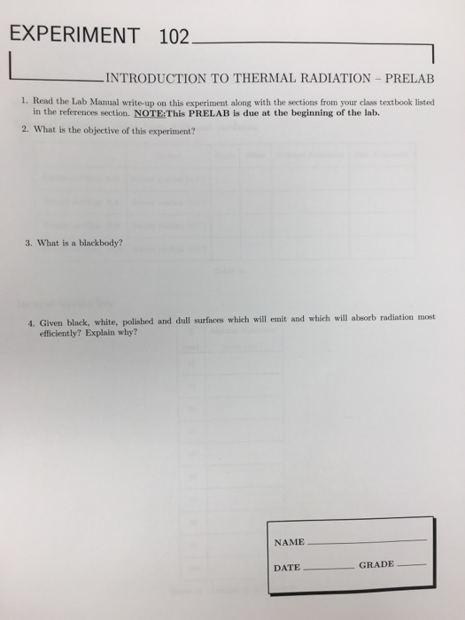 Solved EXPERIMENT 102 INTRODUCTION TO THERMAL RADIATION | Chegg.com