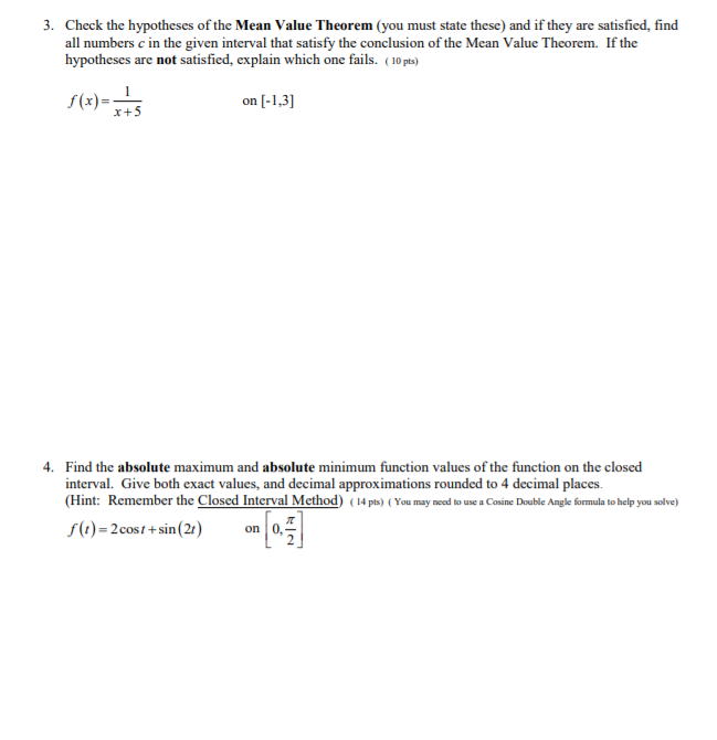 Solved 3. Check the hypotheses of the Mean Value Theorem | Chegg.com