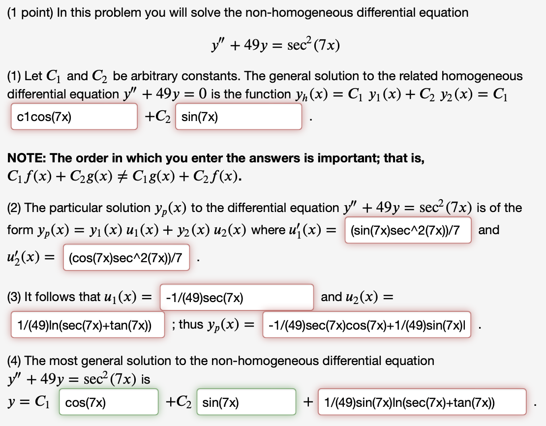 Solved (1 point) In this problem you will solve the | Chegg.com