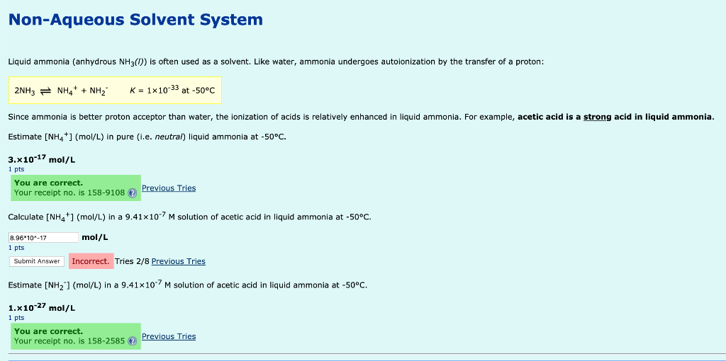 Solved Non-Aqueous Solvent System Liquid ammonia (anhydrous | Chegg.com
