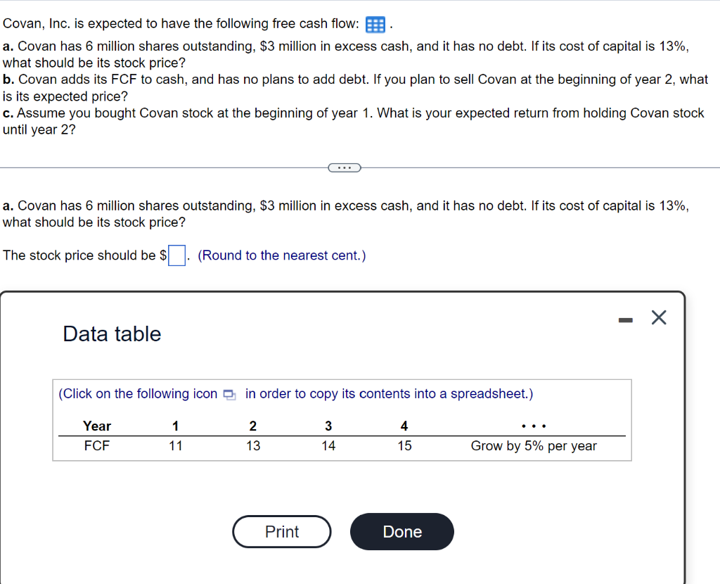 Solved Covan, Inc. is expected to have the following free | Chegg.com