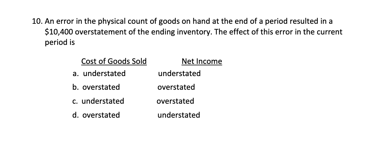 Solved 10. An error in the physical count of goods on hand | Chegg.com