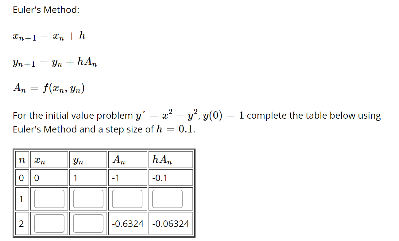 Solved Euler's Method: xn+1=xn+hyn+1=yn+hAnAn=f(xn,yn) For | Chegg.com
