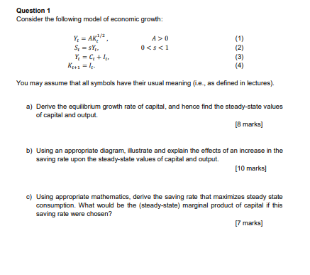 Solved Question 1 Consider the following model of economic | Chegg.com
