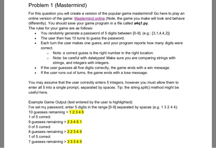 Solved Problem 1 (Mastermind) For this question you will | Chegg.com