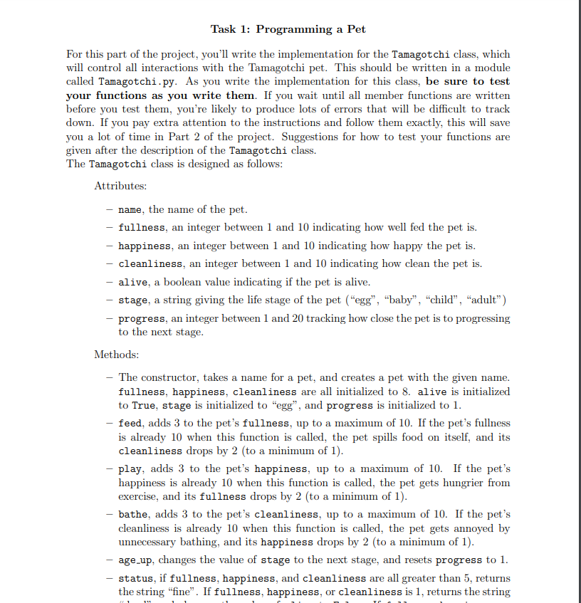 Solved Task 1: Programming a Pet or this part of the | Chegg.com