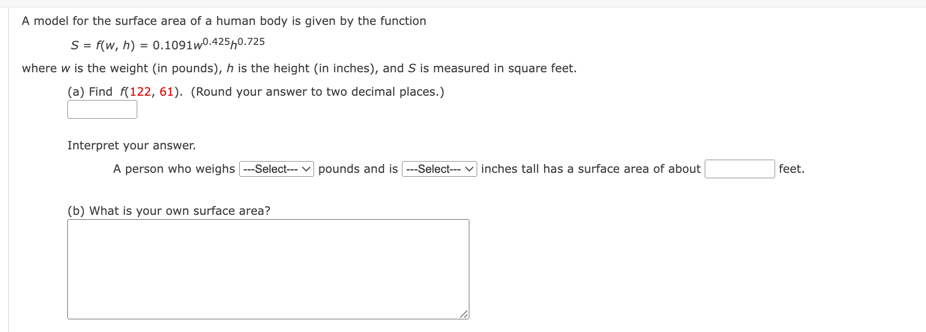 Solved A model for the surface area of a human body is given | Chegg.com