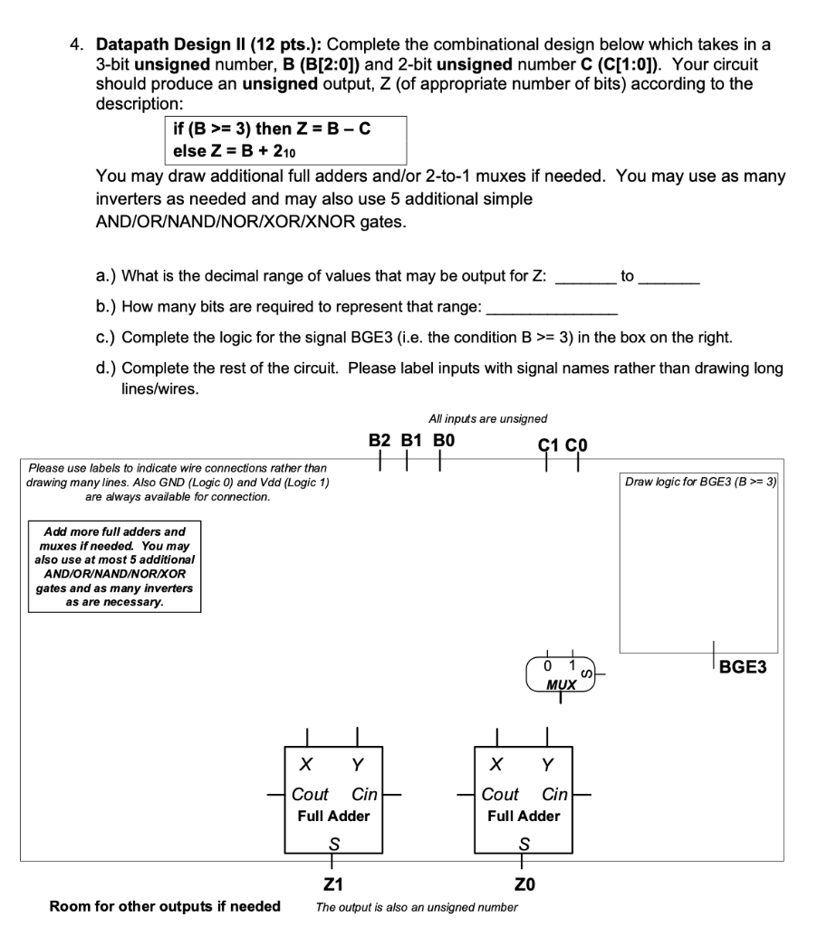 Solved 4. Datapath Design II (12 pts.): Complete the | Chegg.com