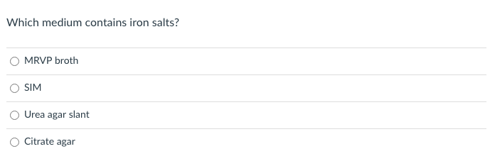 Solved Which medium contains iron salts? MRVP broth SIM Urea | Chegg.com