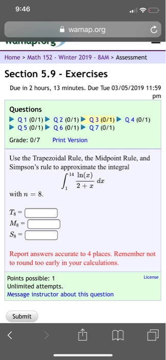 Solved 9:46 을 wamap.org Home > Math 152 Winter 2019-8AM> | Chegg.com
