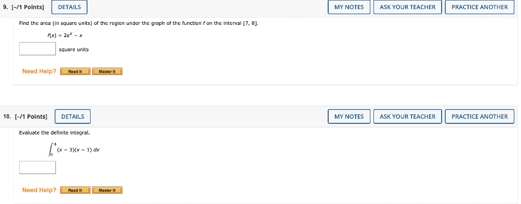 Solved f(x)=2ex−x square units [-/1 Points] Evaluate the | Chegg.com