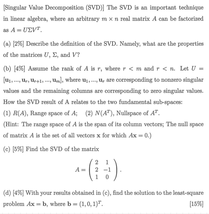 [Singular Value Decomposition (SVD)] The SVD is an | Chegg.com