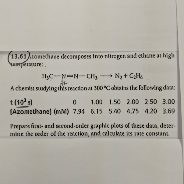 Solved 13.61Azomethane decomposes into nitrogen and ethane | Chegg.com