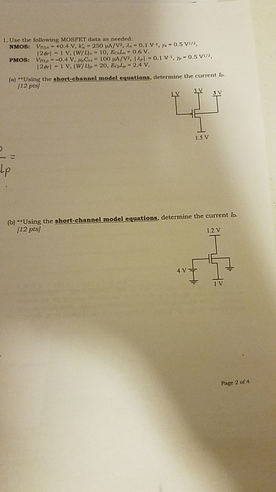 Solved 1. Use the following MOSFET data as needed PMOS: | Chegg.com