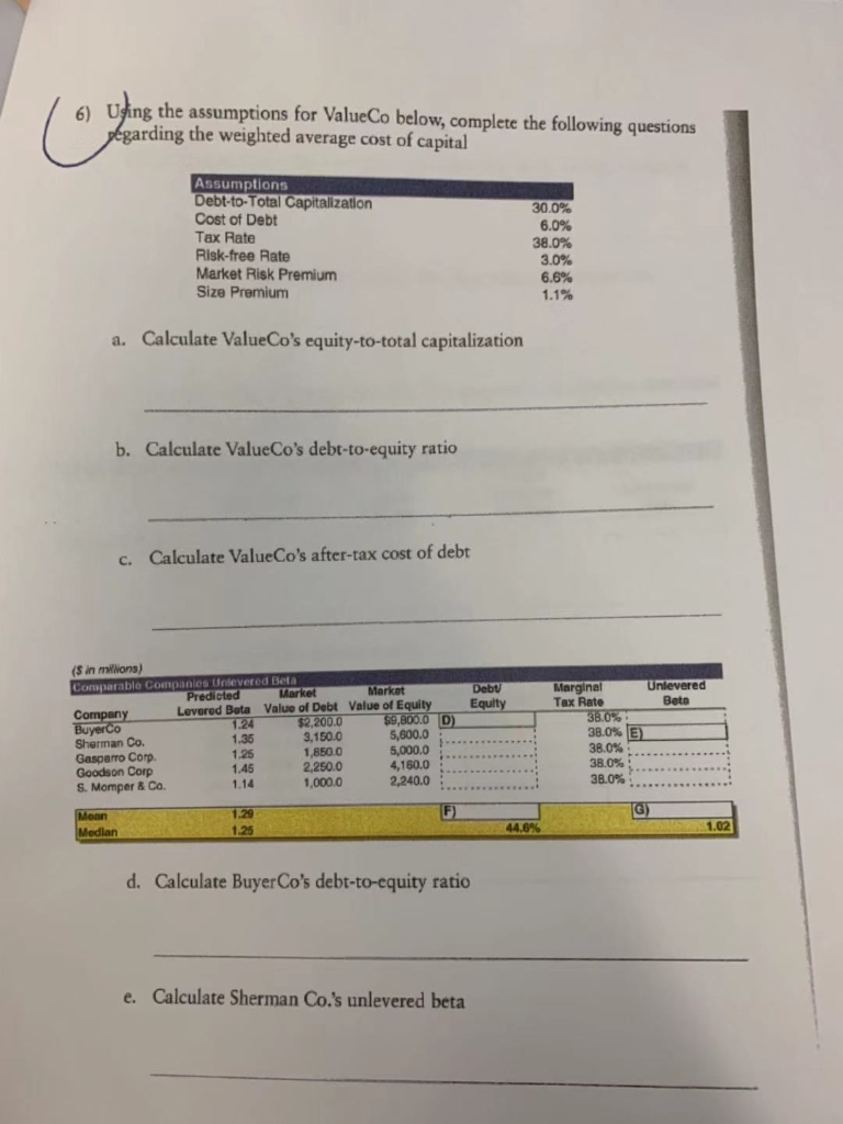 Solved 6) Using the assumptions for ValueCo below, complete | Chegg.com