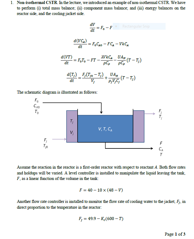 1. Non-isothermal CSTR. In the lecture, we introduced | Chegg.com