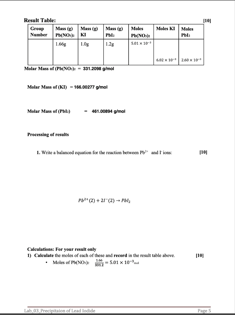 Solved Precipitation and Gravimetric analysis of lead iodide | Chegg.com