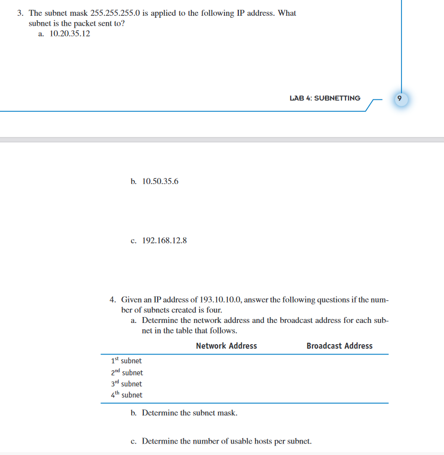 Solved 3. The subnet mask 255.255.255.0 is applied to the | Chegg.com