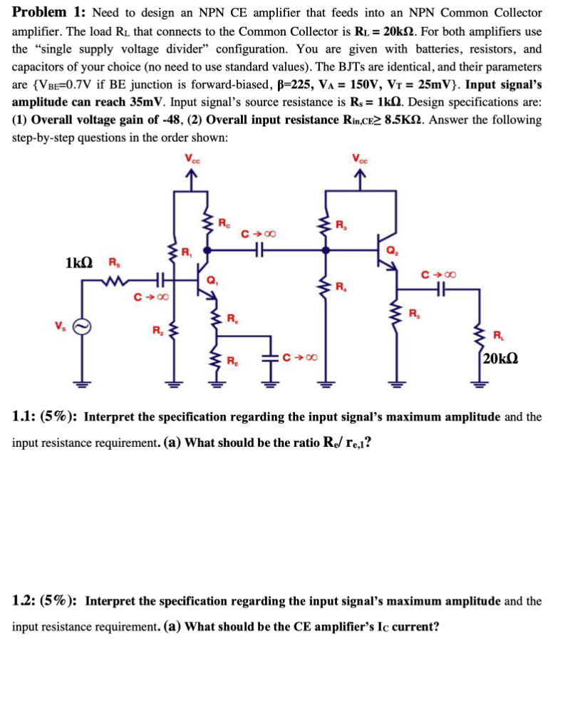 Solved Problem 1: Need to design an NPN CE amplifier that | Chegg.com