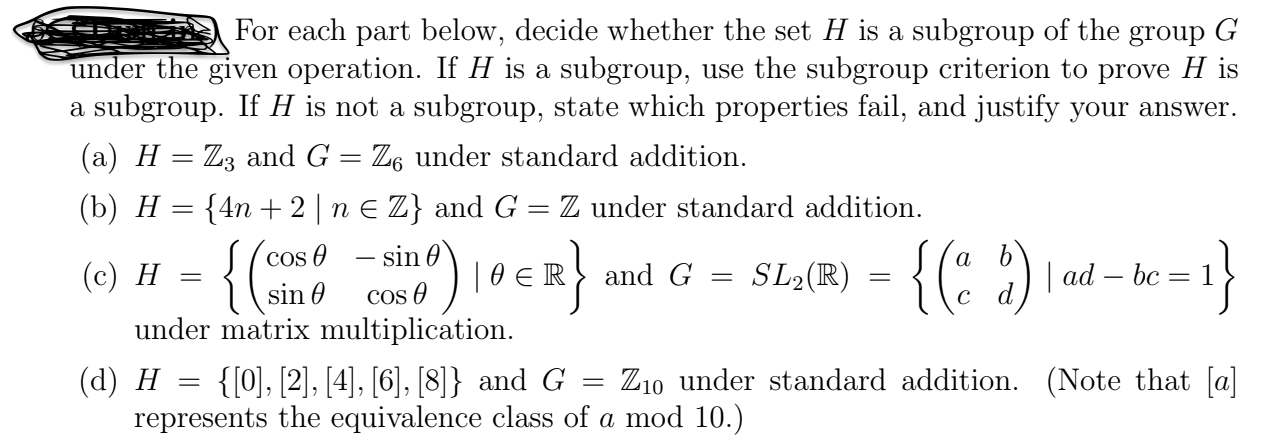 Solved For each part below, decide whether the set H is a | Chegg.com