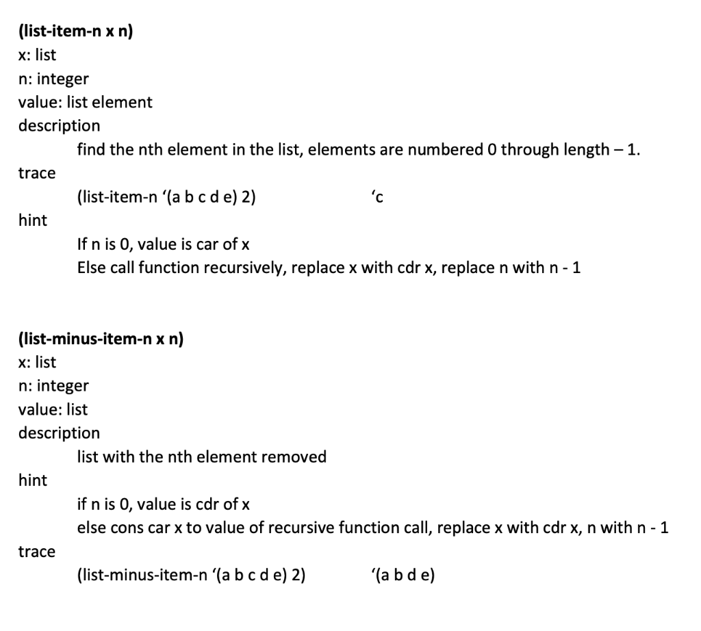 Solved (list-item-n × n) x : list n : integer value: list | Chegg.com