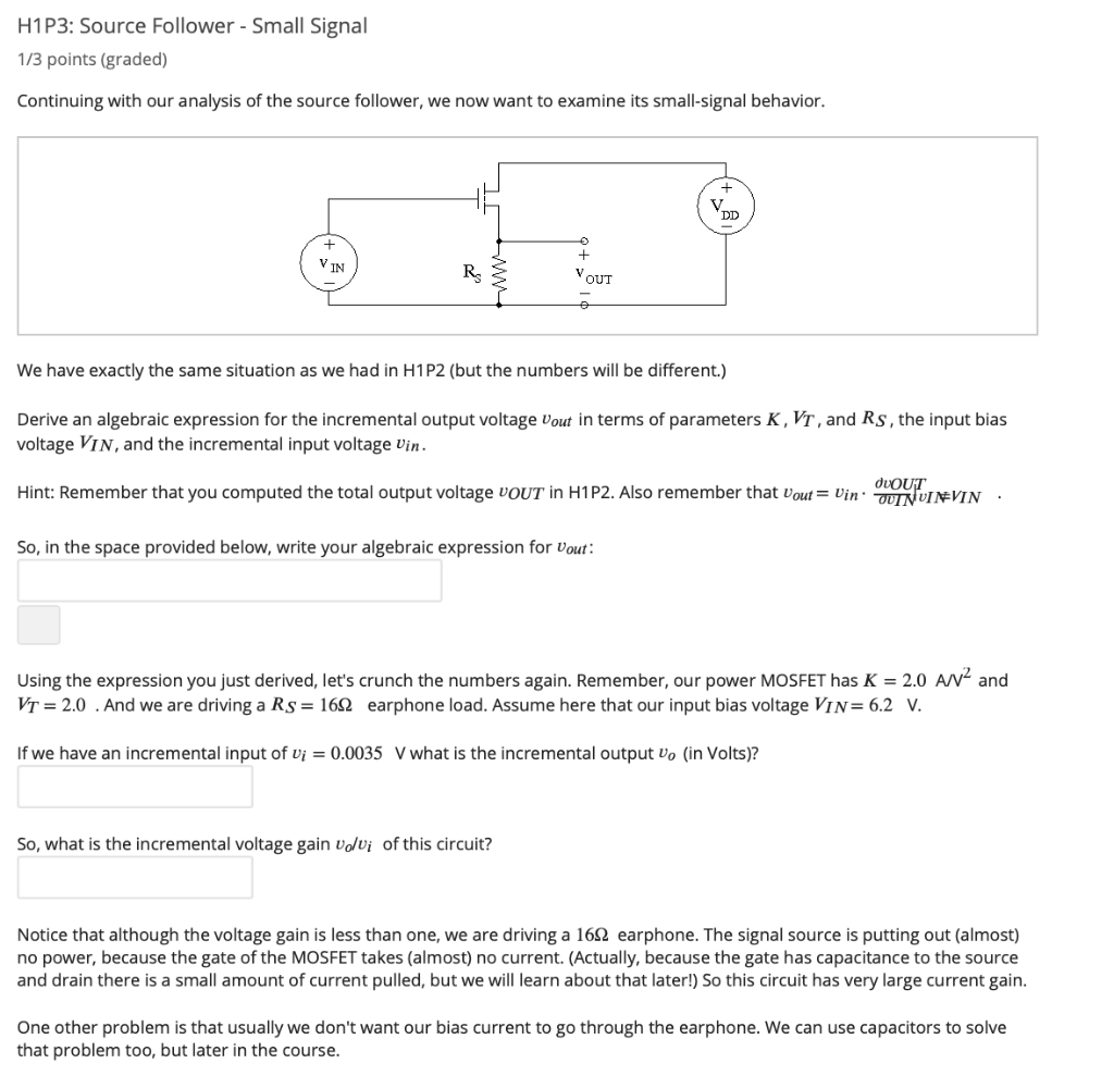 Solved H1P3: Source Follower - Small Signal 1/3 points | Chegg.com